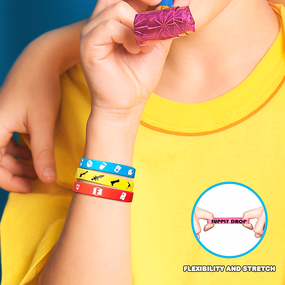 Game Party Supplies for Kids, 100 Pcs Party Favors - Bracelet, Gift Box, Button Pins, Key Chain, Stickers, Finger Light for Kids Themed Party