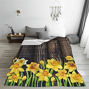Oplp Spring Flowers Daffodils Throw Blanket for Bed Sofa Couch Wooden Background Fleece Blankets Lightweight Soft Cozy 50"x40"