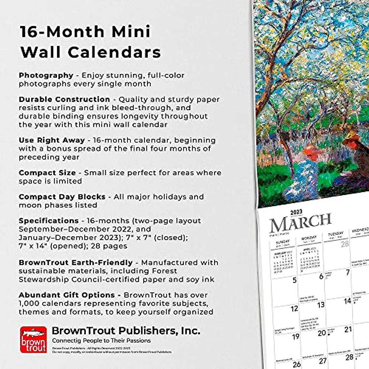 Claude Monet | 2023 7 x 14 Inch Monthly Mini Wall Calendar | English/French Bilingual | BrownTrout | Impressionist Artist Bilingual English and French Language