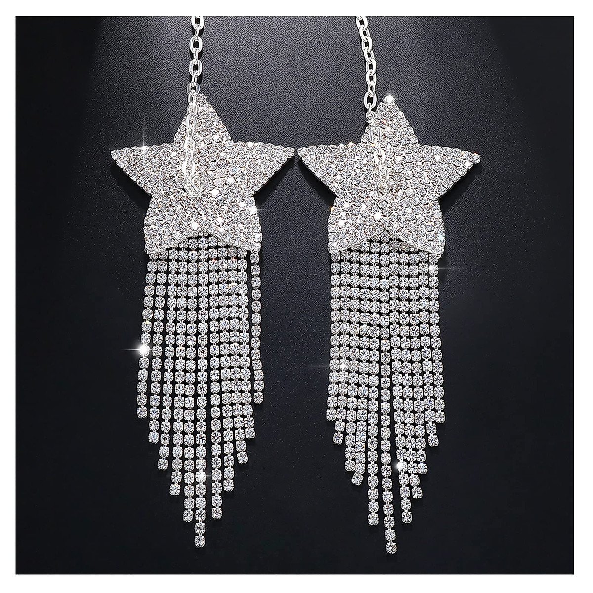 Rhinestone Body Chain Jewelry Crystal Tassel Chain Necklace Luxury Rhinestone Stars Tassel Nipple Stickers Breast Cover Stickers Chest Body Jewelry for Women(Tassel)