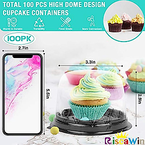 Cupcake Boxes, Individual Cake Container, 100 Pcs Single Disposable Clear Plastic Deep Dome Cupcakes Holders with Lid for Home Shop Party Birthday Wedding Holiday, Cookie Cakes Brownie Storage Carrier