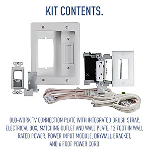 Legrand - OnQ Cable Management Hides All Cords, TV Outlet Wall Kit Works with All TV Power Plugs, In Wall TV Power Kit Supports 5.1 Speaker System, Recessed TV Outlet, White, HT22U2WHR12
