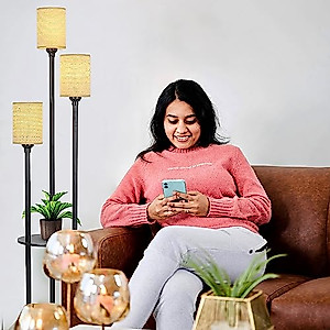 Boho Floor Lamp with Shelves, Black Floor Lamp with Hand-woven Shade, 3-Lights Corner Display Standing Lamp, Farmhouse Rustic Floor Lamps For Living Room, Bedroom, Office, Metal Tall Lamp for Reading