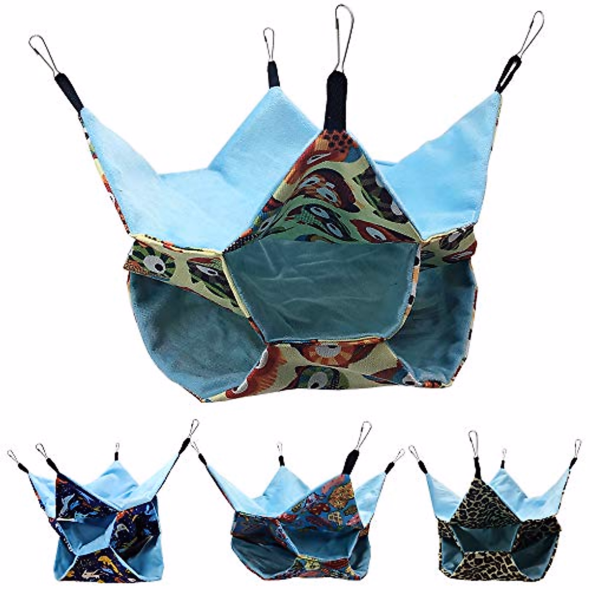 Small Animal Hanging Hammock Pet Swinging Bed 3 Tier Sleep Nap Sack Cage Accessories Kit Set Tunnel Ferret Rat Cave Sugar Glider Hideouts Warm Bedding for Squirrel Guinea Pig Parrot Rat (Owl Pattern)