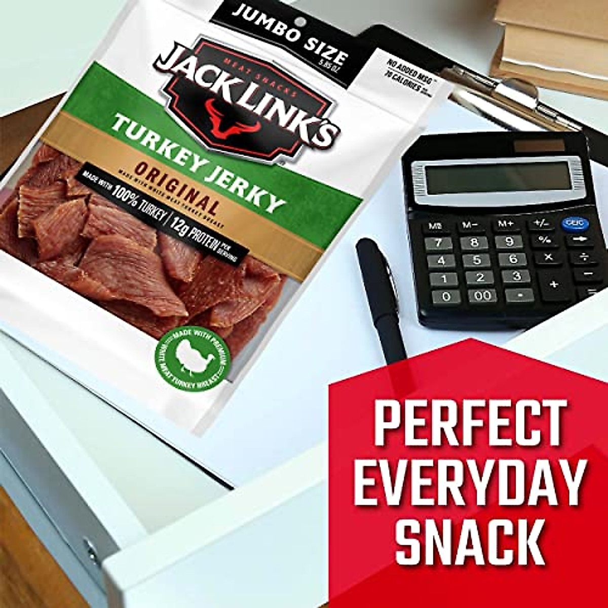 Jack Link's Turkey Jerky, Original, 5.85 oz. Sharing Size Bag – Flavorful Meat Snack with 12g of Protein, 80 Calories, Made with 100% Turkey - 96% Fat Free, No Added MSG or Nitrates/Nitrites