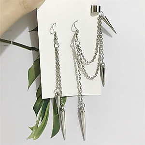 DAMLENG Lightweight Unique Black Punk Long Tassel Chain Ear Cuff Earrings 316L Stainless Steel Vintage Barrel Nails Crawler Climer Dangle Drop Earrings for Men Women Unisex (Silver)