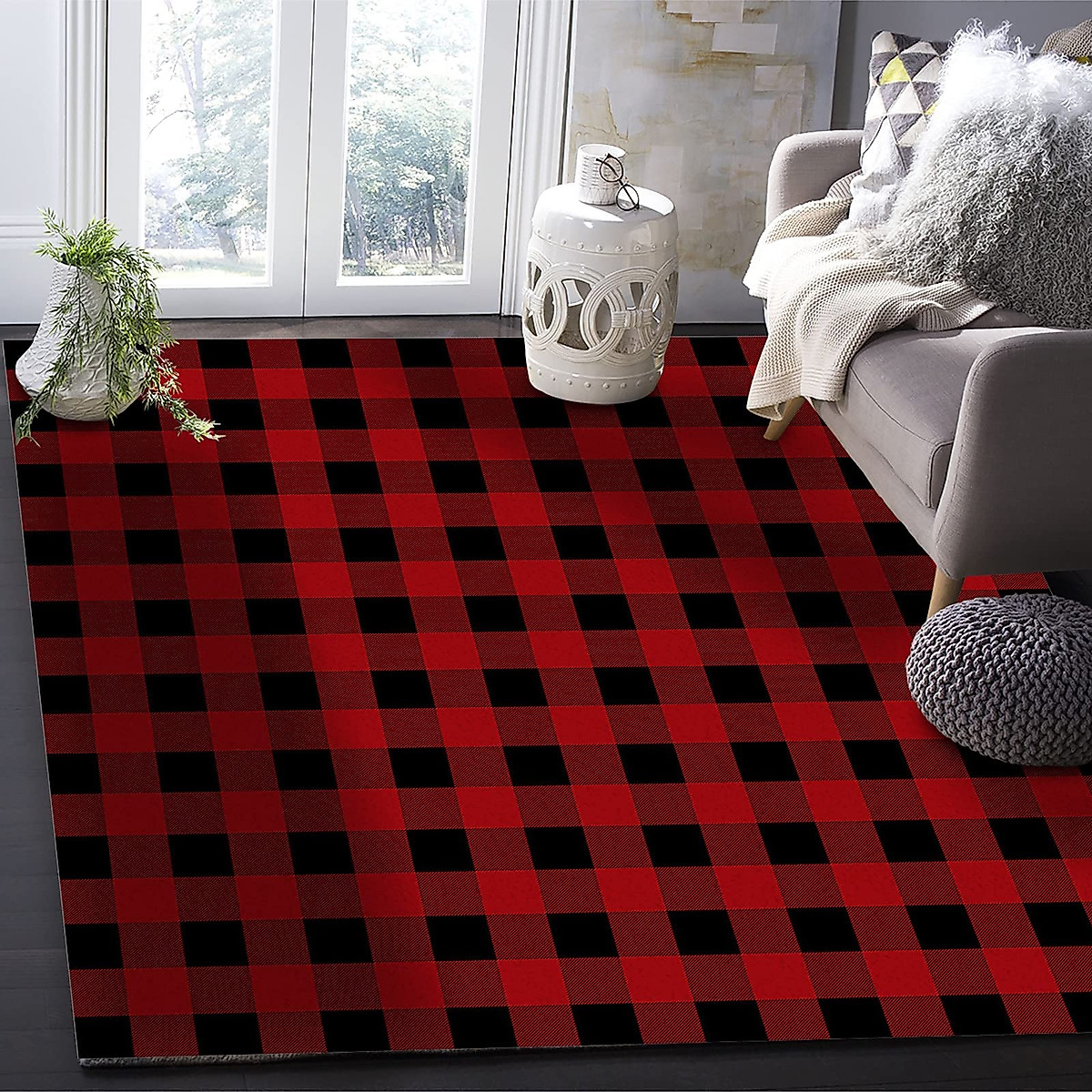 Christmas Red and Black Plaid Area Rugs, Buffalo Check Farmhouse Soft Washable Carpet, Upholstery Rug with Non-Slip Backing for Kids Boys Girls Bedroom Living Room Dining Room Study 3ftx2ft