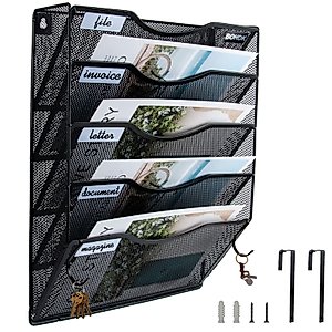 BOHDK Wall File Organizer, 5 Tire Hanging File Folder Organizer, Vertical Mesh Metal Door/Wall Mount Hanging File Holder, Paper Document Magazine Rack with Hooks for Home Office Black