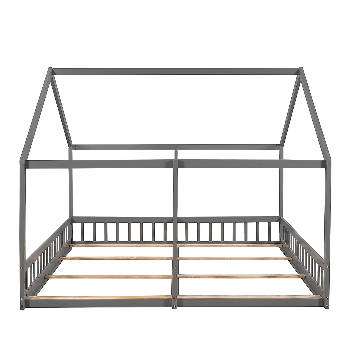 ACQCA Twin Size House Bed with Guardrail,Two Shared Wooden Floor Beds Frame with Roof for Kids Boys Girls,No Box Spring Needed,Gray