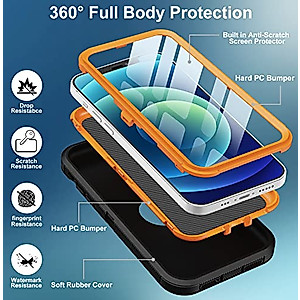 Aimoll-88 for iPhone 12 Case, iPhone 12 Pro Case, with Built in Screen Protector Heavy Duty Drop Protection Shockproof Dust Proof Protective Phone Cover for Apple iPhone 12/12 Pro (Black/Orange)
