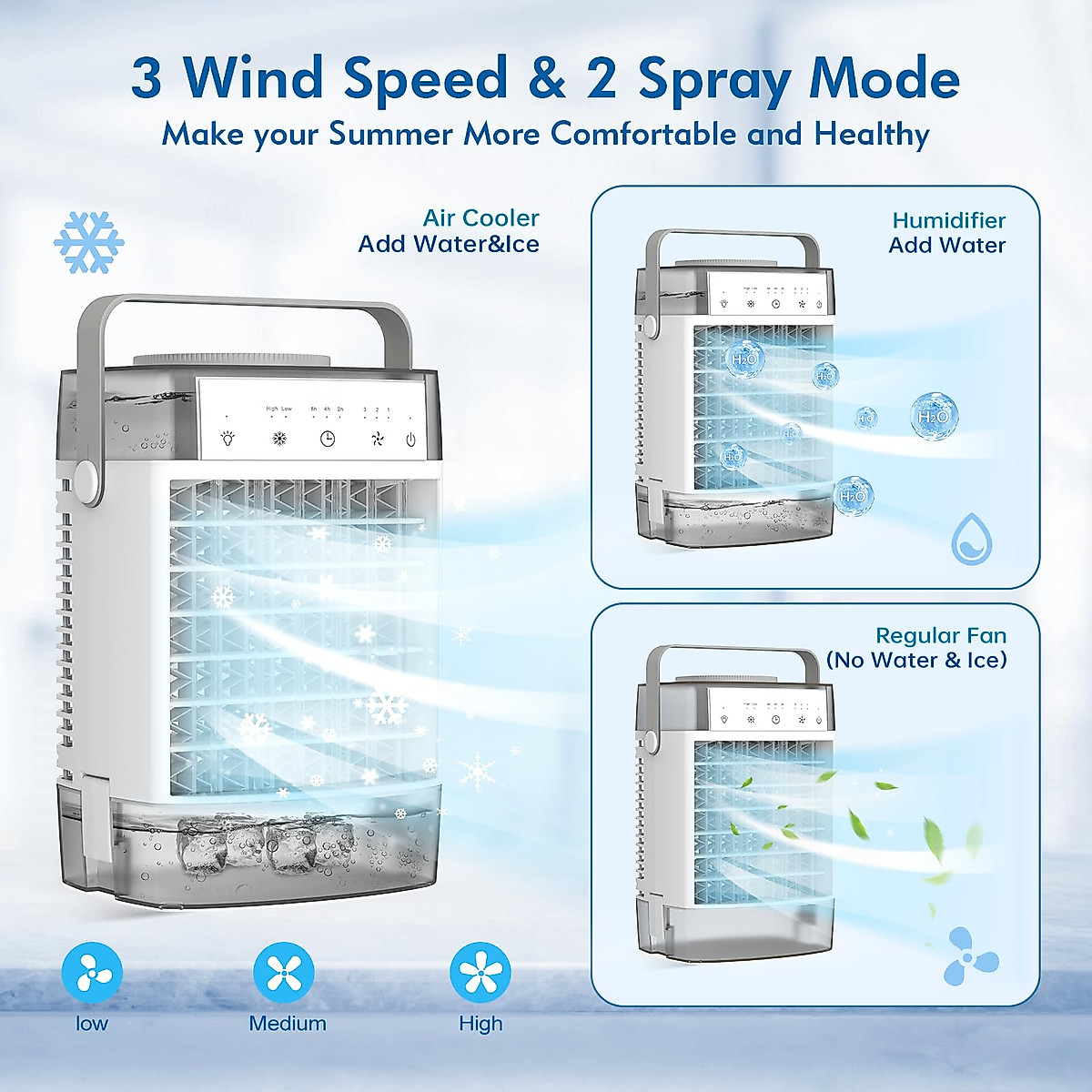 RCCVEI Portable Air Conditioners,3-Speed Small AC Unit, Evaporative Air Cooler with Timer function,7-Color Nightlight,Double Tank, 2 Mist modes,Personal Air Conditioner for Bedroom,Office,Room-Gray