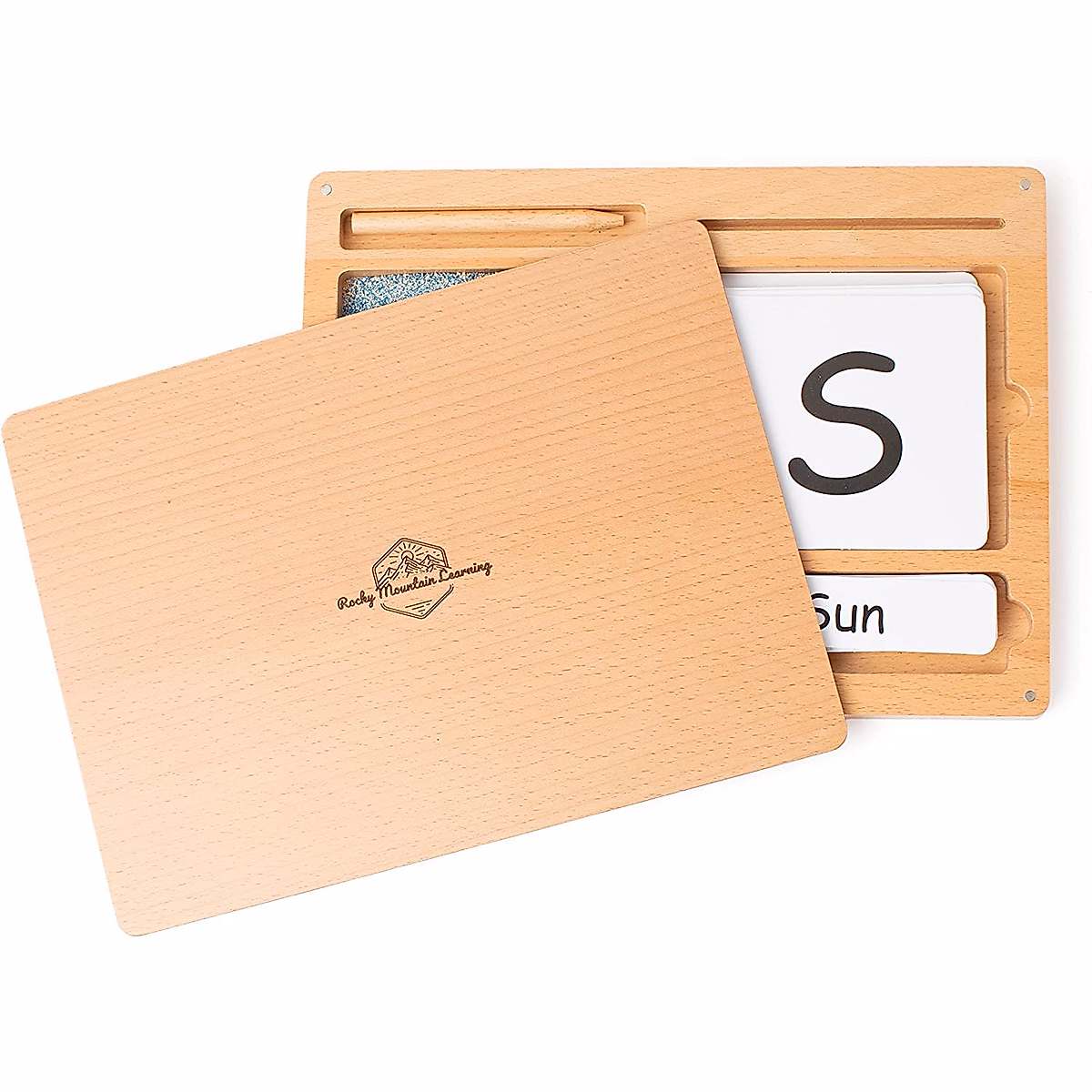 Montessori Sand Tray for Kids 3 4 5 6 Years Old Sand Writing Tray Learning Sensory Toy Educational Alphabet and Phonic Words Comes with Sand, Tray, Lid, 2 Sets of Flashcards, Stylus (Dark Blue)