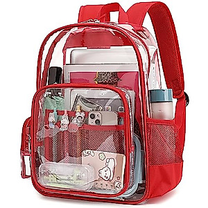 Mimfutu Heavy Duty Clear Backpack School Backpack, PVC Transparent Backpacks See Through Bookbag for Girls Boys Women Men (Red)