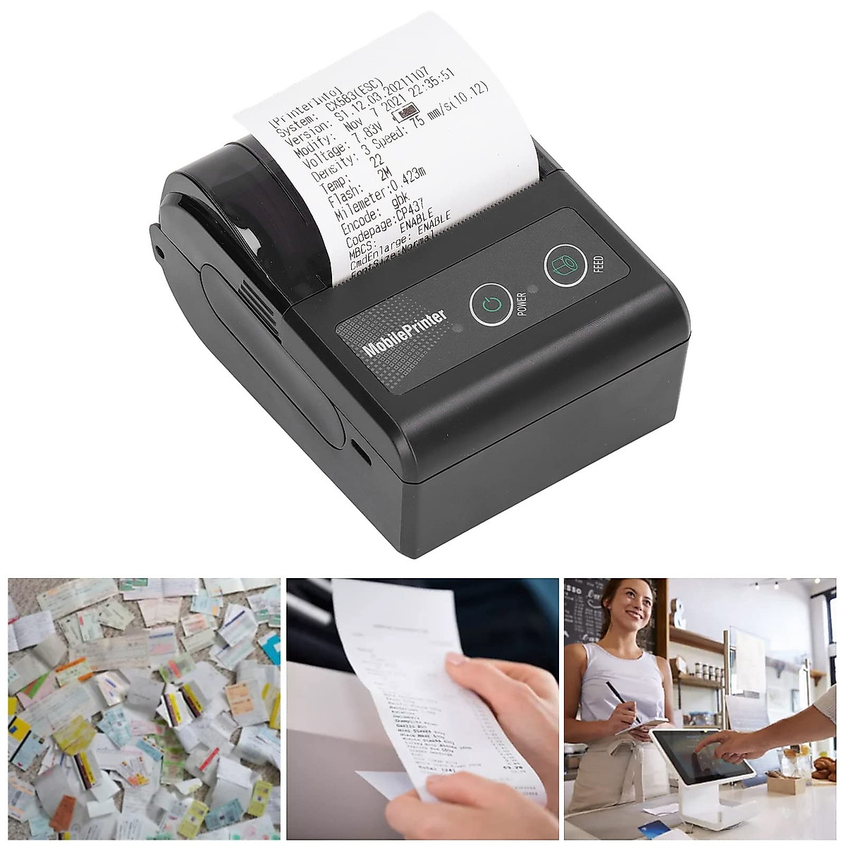 Luqeeg Portable Receipt Printer, Thermal Receipt Printer, 57mm Bluetooth Receipt Printer, USB Smartphone Control 200dpi Resolution Label Printer with 1 Roll Printer Paper, Support Android iOS