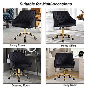 Kootlena Modern Black Velvet Desk Chair, Home Office Desk Chair Computer Chair on Wheels, Cute Vanity Chair for Womens Girls, Upholstered Swivel Task Chair w/Gold Base for Living Room Bedroom