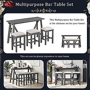 P PURLOVE 4 Piece Dining Table Set with 3 Upholstered Stools, Multipurpose Home Kitchen Dining Bar Table with USB Port and Power Strip for Living Room, Restaurant, Bar, Gray