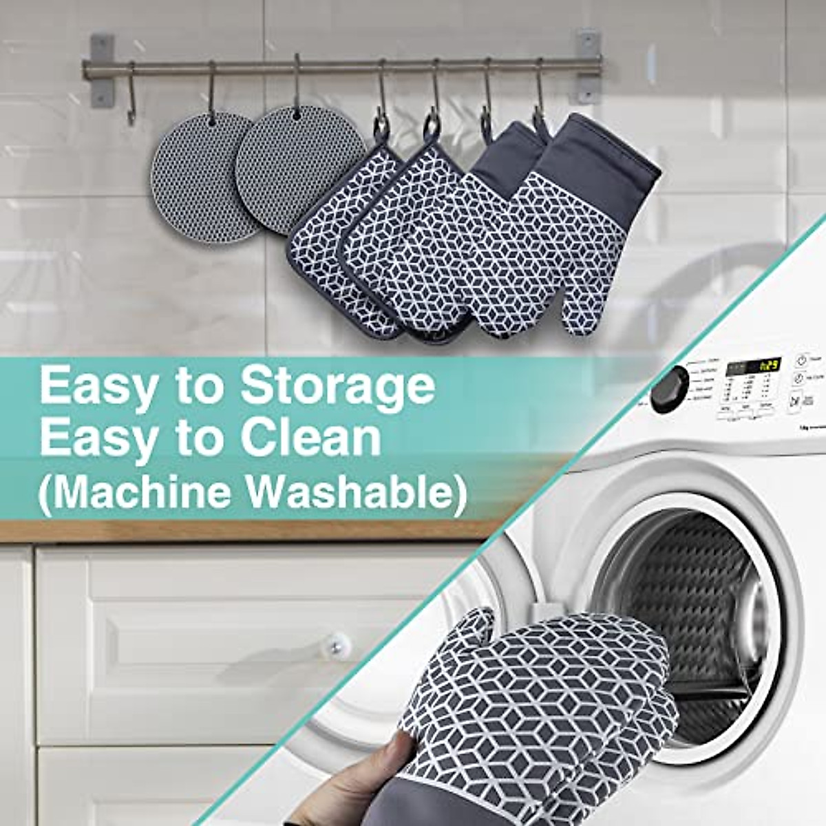 Oven Mitts and Pot Holders, Hmtruly Extra Long Oven Gloves, 500℉ Heat Resistant Oven Mitts with Non-Slip Silicone Pattern, Oven Hot Pads Pot Holders for BBQ Kitchen Baking Cooking (6-Piece Set, Grey)