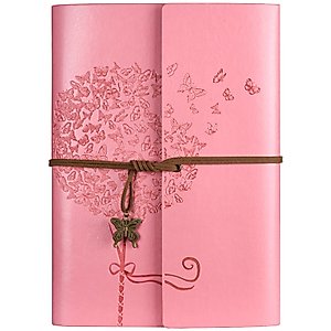 OMEYA Leather Journal Notebook, Refillable Writing Journal Diary Planner for Women Girls (Pink, A5-9.3''×6.3'')