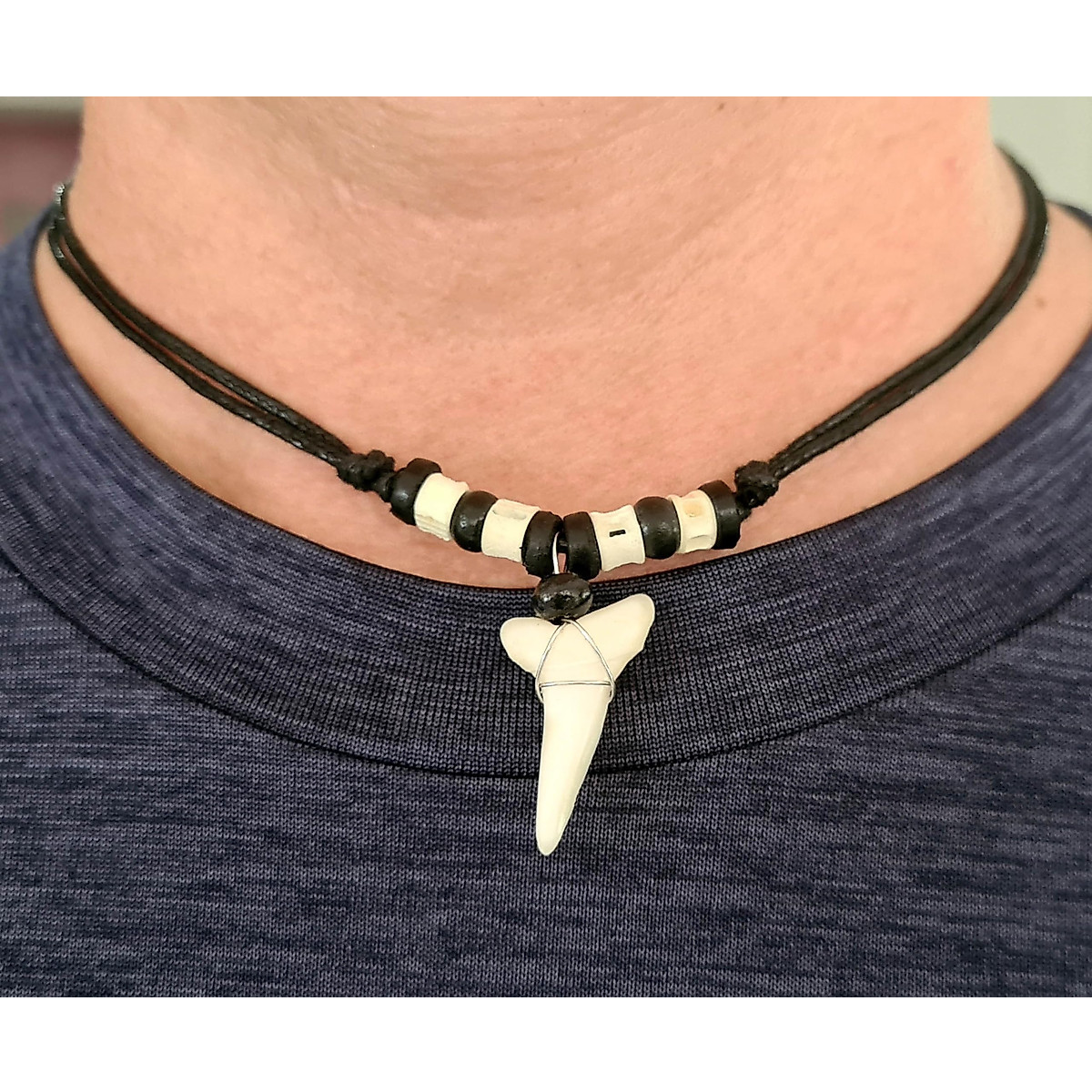 Swimmi Genuine Shark Tooth Necklace for Men, Mako Shark Tooth Necklace, Handmade Wooden Beads adjustable Cords Shark Tooth Necklace for Women Jewelry EA200