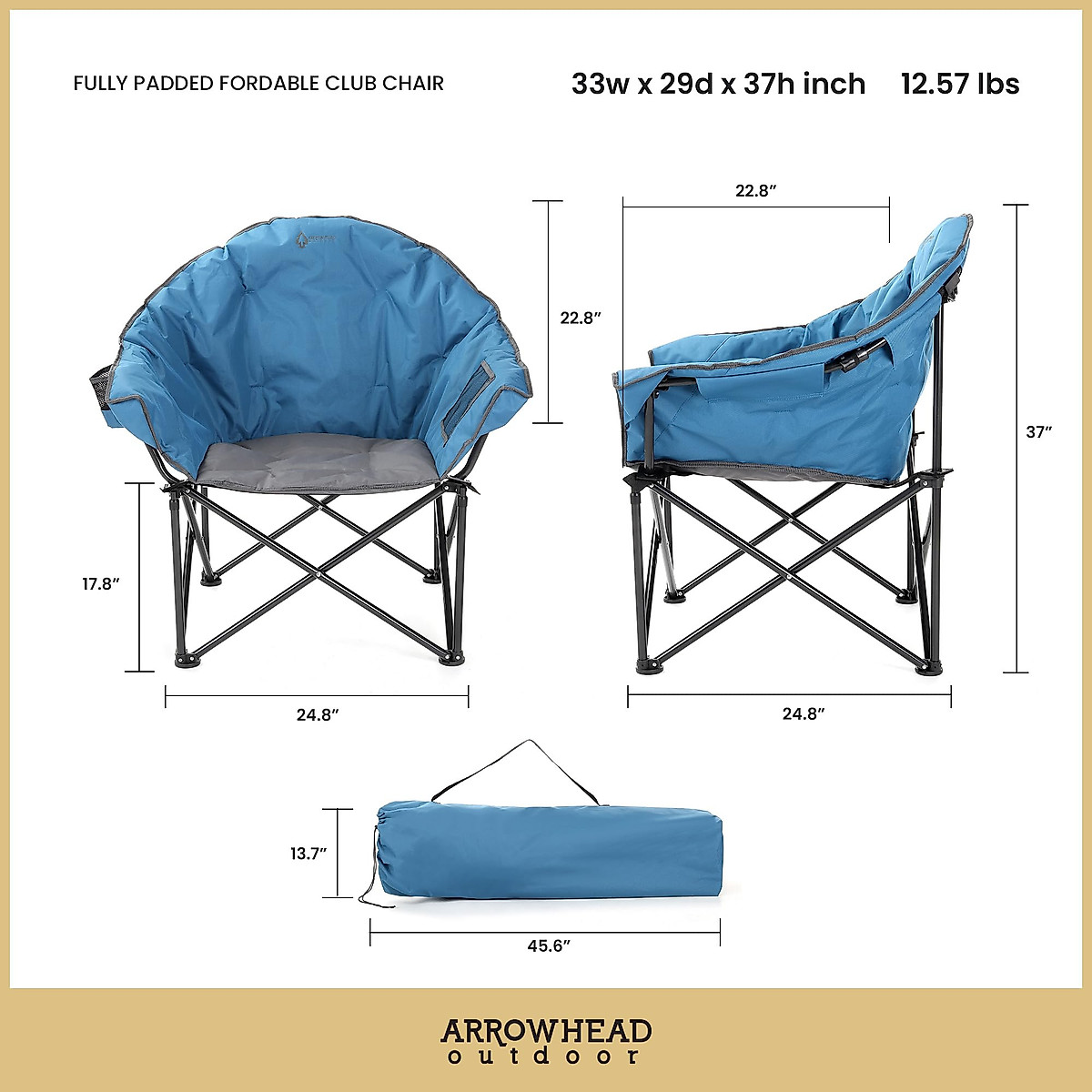 ARROWHEAD OUTDOOR Oversized Heavy-Duty Club Folding Camping Chair w/External Pocket, Cup Holder, Portable, Padded, Moon, Round, Saucer, Supports 330lbs, Carrying Bag, USA-Based Support