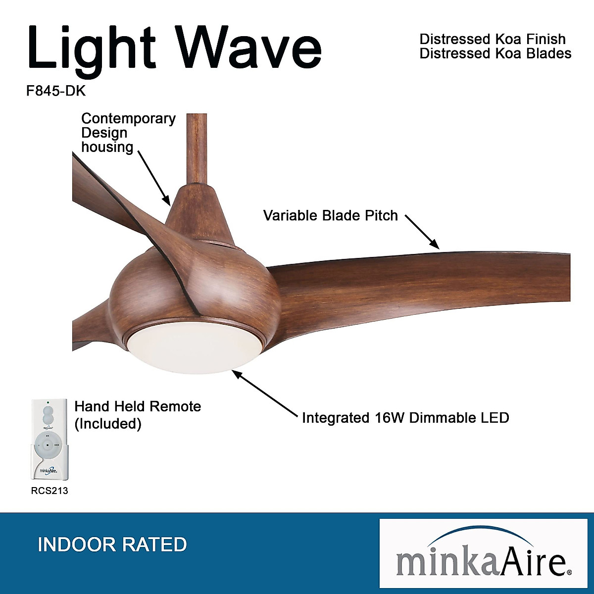 MINKA-AIRE F845-DK Light Wave 44 inch Ceiling Fan with LED Light and Remote Control, Brown Distressed Koa Finish