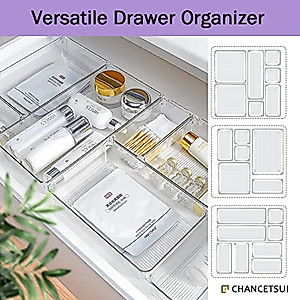 16 PCS Drawer Organizer Set Clear Plastic Drawer Organizer Trays with Non-Slip Silicone Pads, 5-Size Desk Drawer Organizers and Storage Bins for Makeup, Jewelry, Bathroom, Office and Kitchen