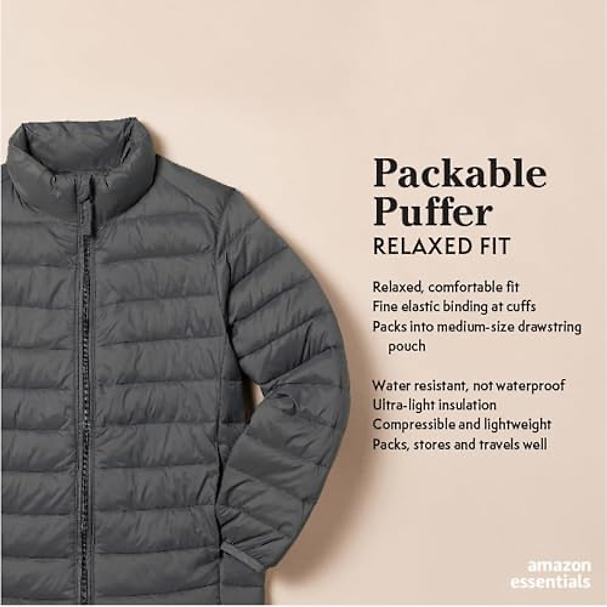 Amazon Essentials Boys' Lightweight Water-Resistant Packable Puffer Jacket, Black, Small