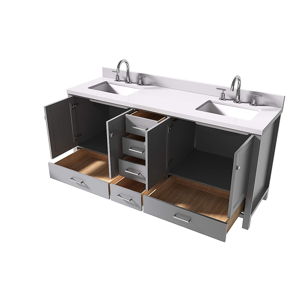 ARIEL Double Bathroom Vanity 73" Grey with 1.5" Edge Pure White Quartz Countertop & Splash, Rectangular Sinks, 4 Soft Closing Doors, 6 Full Extension Dovetail Drawers, Brushed Nickel