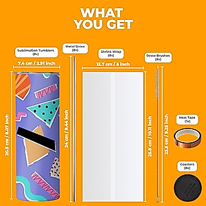 Oqnus 8 Pack 20 oz Sublimation Tumblers - Double Wall Insulated Blank Tumblers for Sublimation with Straws, Shrink Wrap, Heat Tape, Coasters - Premium Stainless Steel Sublimation Tumbler Blanks