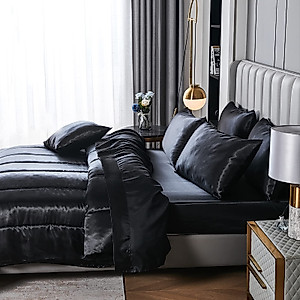 Black Silky Comforter Set Satin Queen Bed in a Bag 8 Pieces Luxury Hotel Silky Bedding with 1 Comforter, 1 Flat Sheet, 1 Fitted Sheet, 4 Pillowcases, 1 Cushion Cover (Queen, Black)