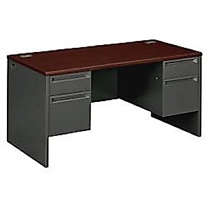 HON 38000 Series Double Pedestal Desk, 60" X 30" X 29.5", Mahogany/Charcoal