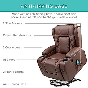 Best Choice Products Electric Power Lift Recliner Massage Chair, Adjustable Furniture for Back, Lumbar, Legs w/ 3 Positions, USB Port, Heat, Cupholders, Easy-to-Reach Side Button - Brown