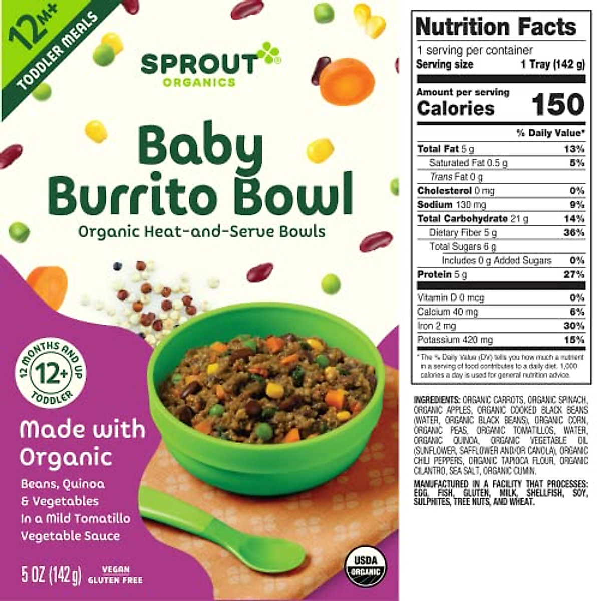 Sprout Organic Baby Food, Toddler Meals, Veggie Burrito Bowl with Beans & Quinoa, 5 Oz Bowl (8 Count)