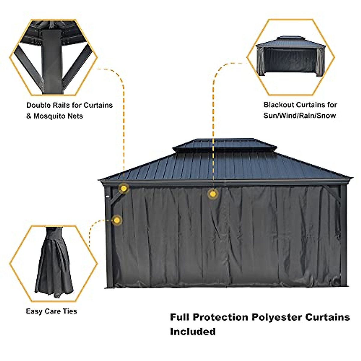 WeYard Hardtop Gazebo for Patios, Portofino 12’x16’, Permanent Alum-Frame & Steel-Structure Pergola, for Outdoor Relax/Grill/BBQ, with All-Sides Nettings, Curtains…