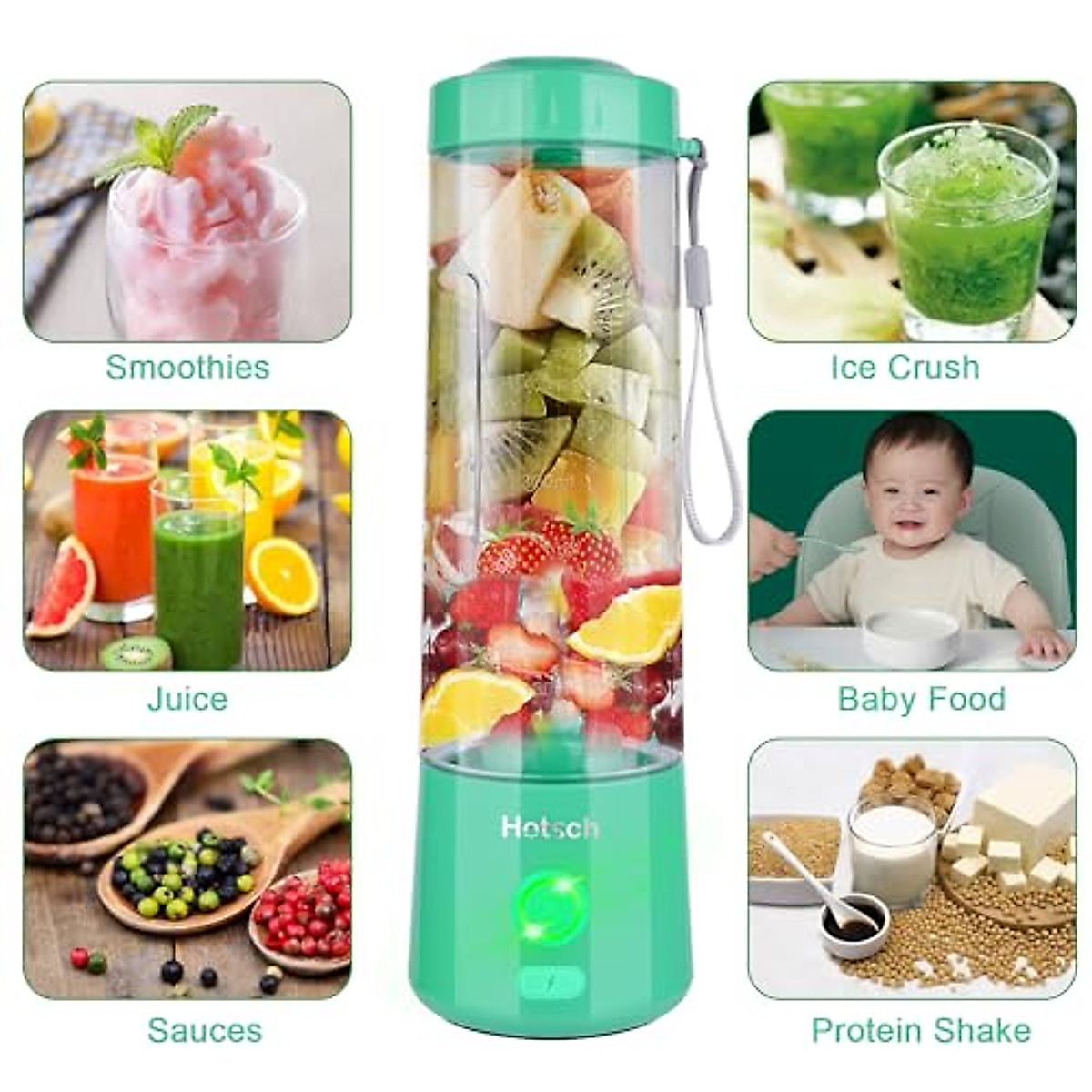 Portable Blender USB Rechargeable, Hotsch Personal Size Blender for Shakes and Smoothies, Strong Cutting Power with Six Blades, 20Oz Juicer Cup for Sports, Travel