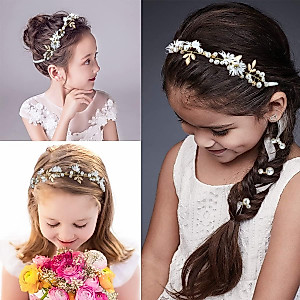 2 Pieces Bridal Hair Vines Flower Wedding Headband Princess Hair Accessories Crystal Pearls Headpiece Elegant Head bands for Bridesmaid and Flower Girls (Gold)…