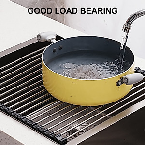 NileHome Roll Up Dish Drying Rack, Sink Drying Rack Over Sink Dish Drying Rack 304 Stainless Steel Foldable Drain Rack for Kitchen Sink Counter Utensils Vegetables and Fruits (17.5''X16.5'')，Black