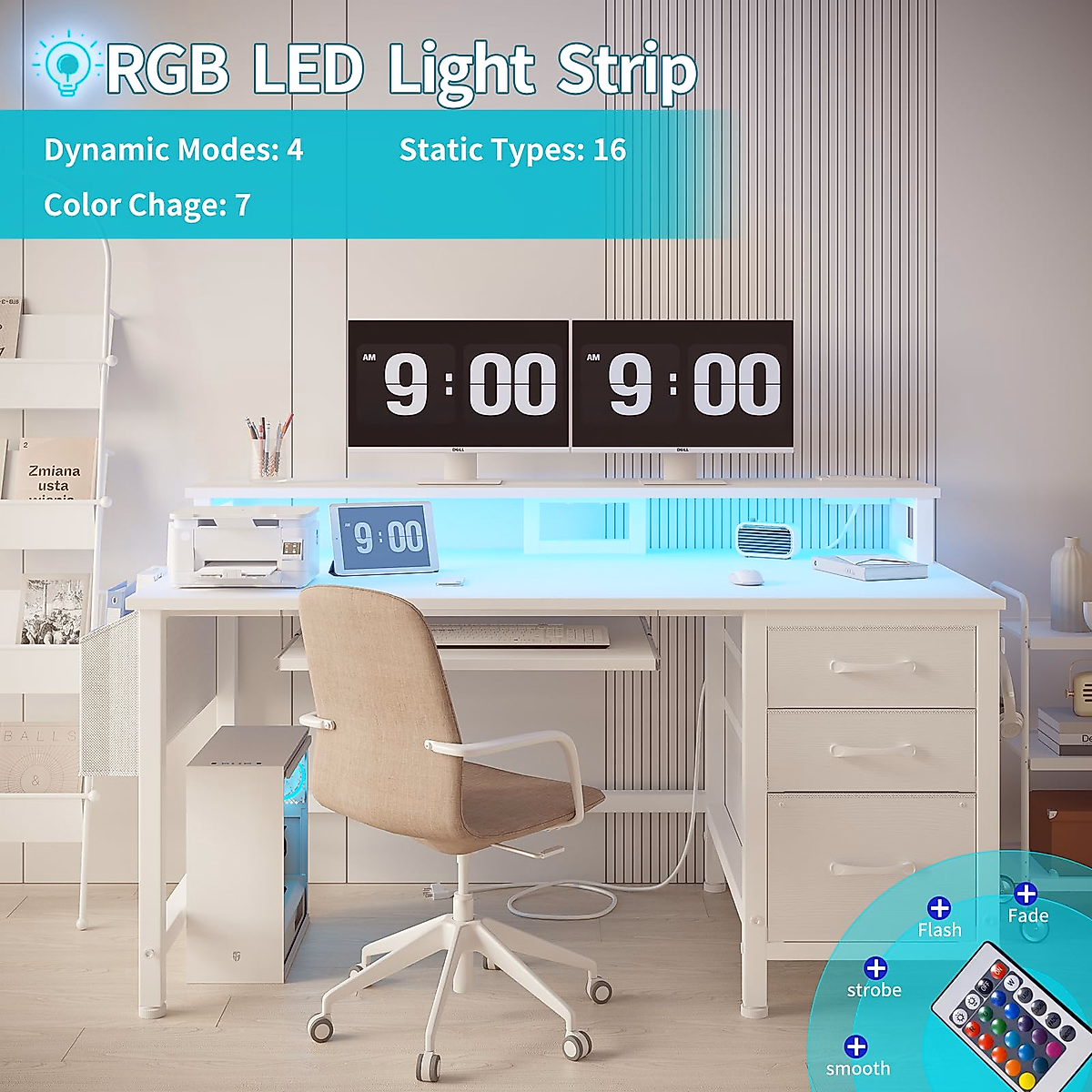 Lufeiya White Computer Desk with File Drawers Cabinet, 47 Inch Home Office Desks with Keyboard Tray, Gaming Desk with LED Lights and Power Outlets, Writing Table PC Desks with Monitor Stand, White