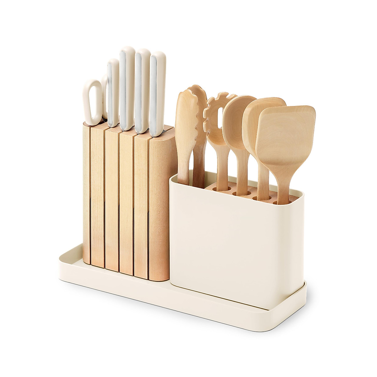 Caraway 14-Piece Kitchen Prep Set - Kitchen Knife Set & Wooden Utensil Set - Made With Premium German Steel Blades & FSC-Certified Birch Wood - Non-Toxic Materials - Includes Organizer - Cream