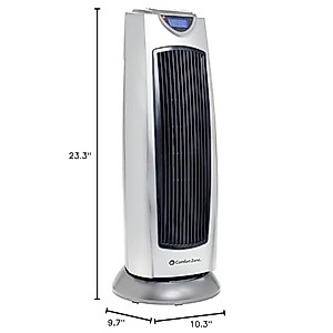 Comfort Zone Electric Oscillating Ceramic Tower Space Heater, Remote, Backlit Digital Thermostat & Temperature Display, Timer, & Overheat Sensor, Ideal for Home, Bedroom, & Office, 1,500W, CZ499R