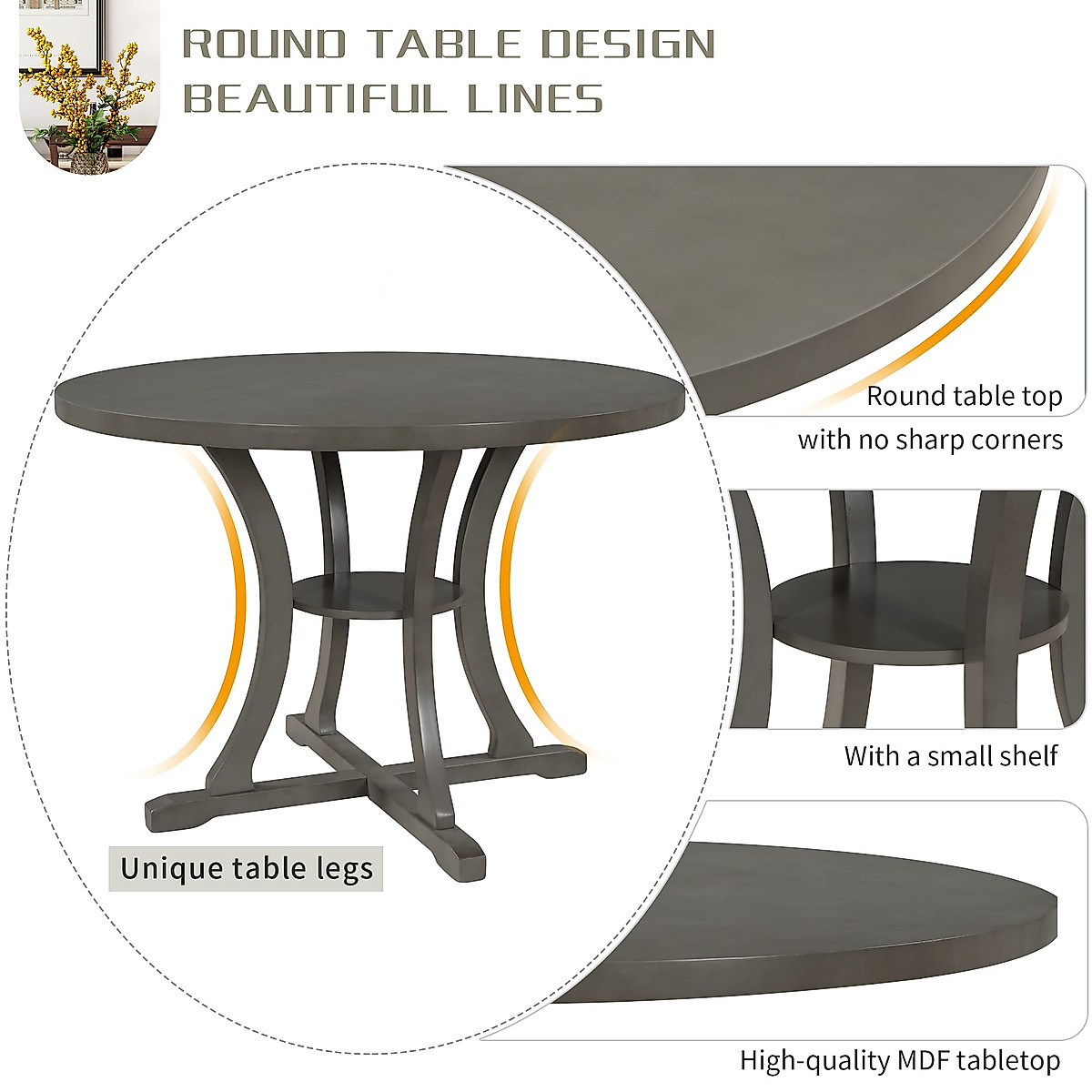 5 Piece Kitchen Table Set with Storage Shelf and Special-Shaped Legs, Retro Style Round Dining Table Set with Hollow Chair Back, Gray