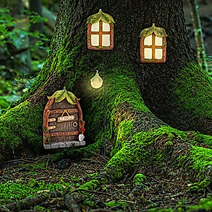 Gearific Fairy Door and Window for Trees with Light 5 Pcs Miniature Fairy Garden Kit, Glow in The Dark Yard Fairy Door for Kids Room, Wall and Trees Outdoor, Fairy Garden Accessories