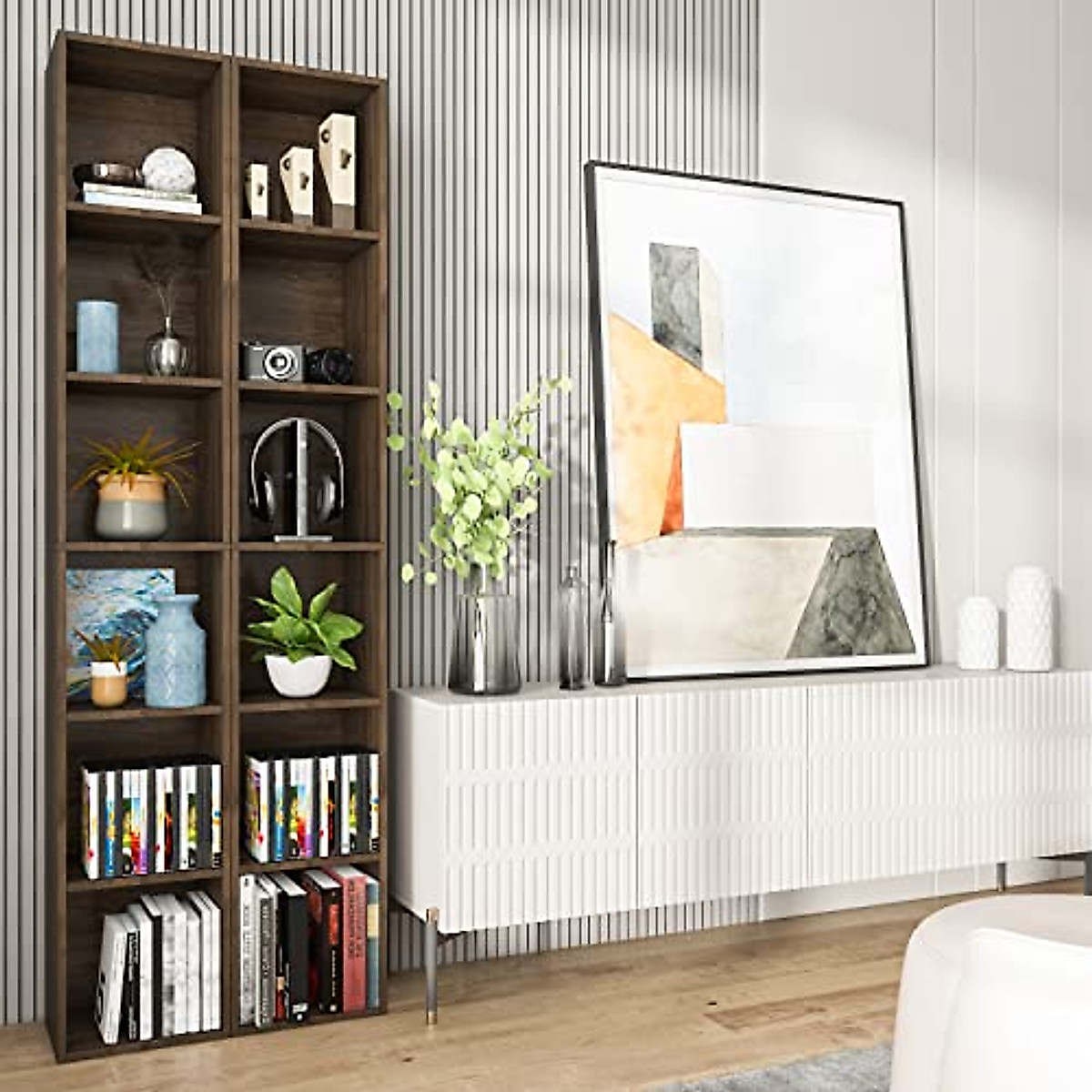 HOFFREE 6-Tier Narrow Bookcase Tall Wood Bookshelf Cabinet Cube Organizer Book Shelves Display Storage Shelves Rack for Small Spaces Home Office Living Room - Oak