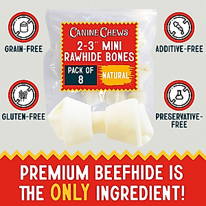 Canine Chews 2-3" Mini Knotted Rawhide Dog Bones for Small Dogs Natural Dog Treat Chew (8 Pack)