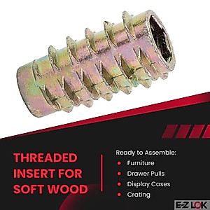 E-Z LOK Knife Threaded Insert for Soft Wood, Zinc Hex-Flush Thread Inserts 1/4-20 Internal Threads, 0.789" Length Pack of 50