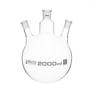 EISCO Distilling Flask, 2000ml - 3 Parallel Necks, 29/32 Center, 19/26 Side Sockets Interchangeable Ground Joints Round Bottom Borosilicate Glass- Eisco Labs