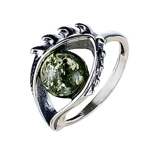 HolidayGiftShops Sterling Silver and Baltic Green Amber Eye Adult Ring- size 10