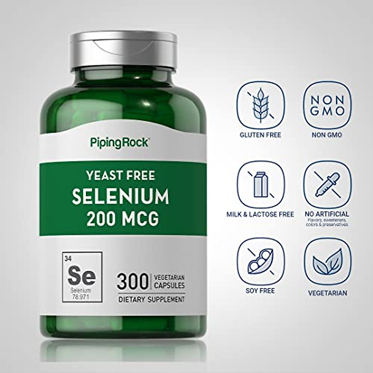 Selenium 200mcg | 300 Vegetarian Capsules | Yeast Free Selenium Supplement | Non-GMO, Gluten Free | by Piping Rock