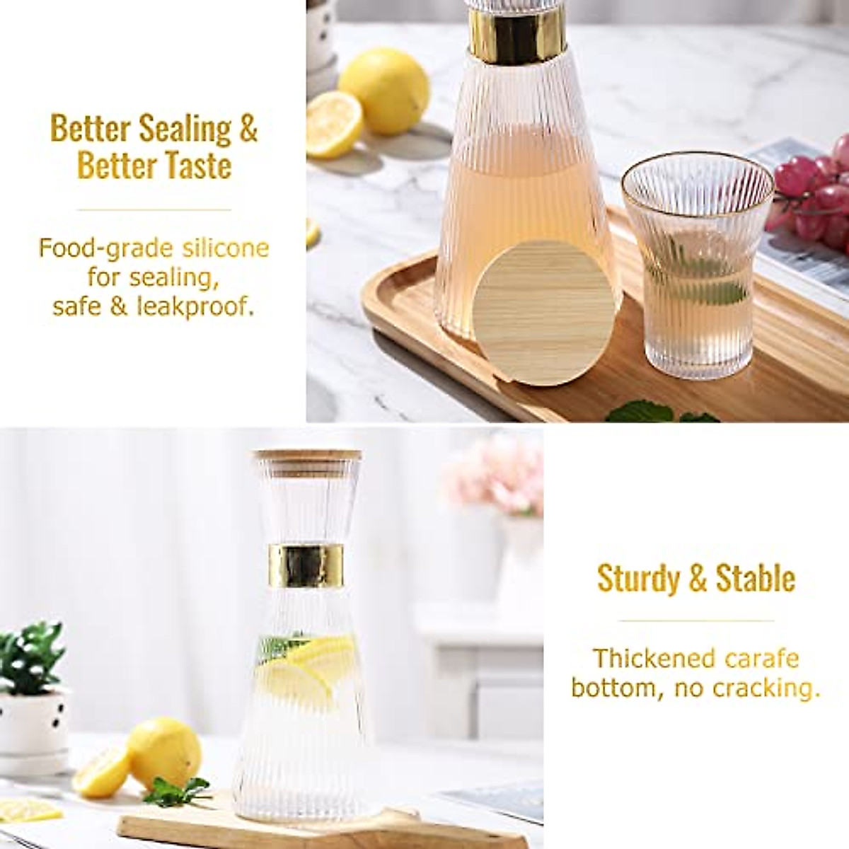 DUJUST Ribbed Glass Carafe with Lid (34oz), Elegant Water Carafe with Gold Decoration, Crystal Glass Carafe, with Thickened Bottom, for Juice, Milk, Tea, Food-Grade Silicone, Leak-proof