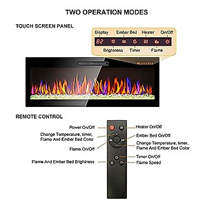 60 inch Recessed Ultra Thin Tempered Glass Front Wall Mounted Electric Fireplace with Remote and Multi Color Flame & Emberbed, LED Light Heater